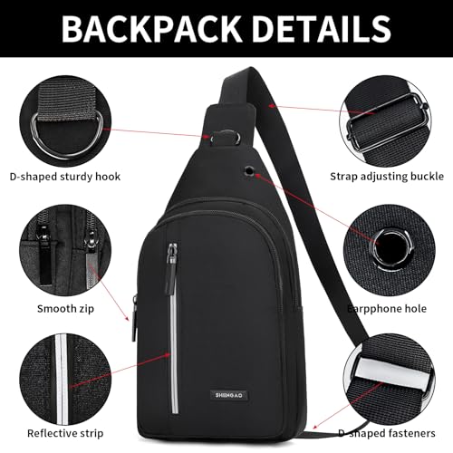 Gurislife Sling Bag for Men,Small Backpack Crossbody Bags，small Shoulder Bag With Reflective Strip Shoulder for Work Hiking and Daytrips,Black-903