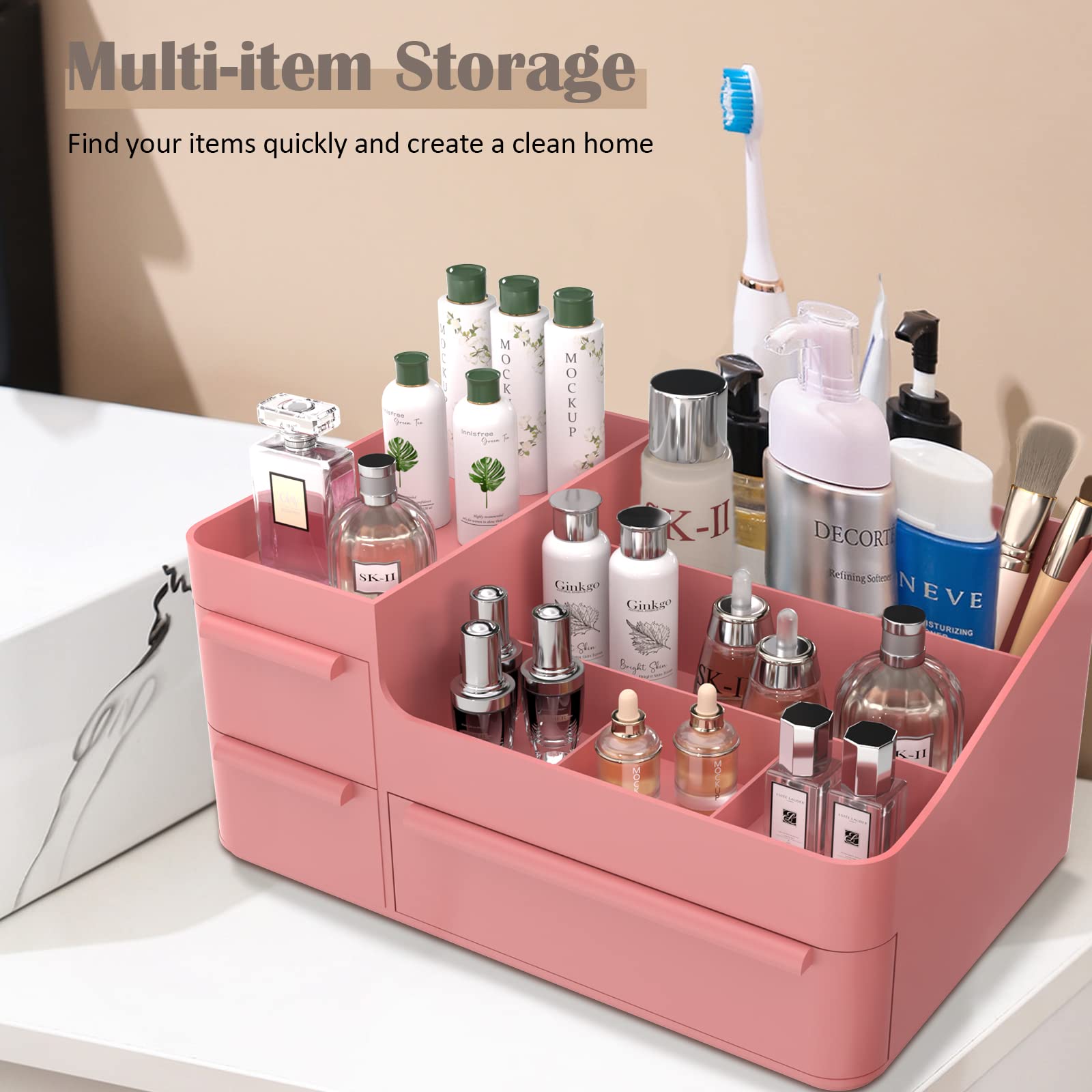 Makeup Organizer with Drawers, Countertop Organizer for Vanity, Bathroom and Bedroom Desk Cosmetics Display Case for Brushes, Lotions, Perfumes, Eyeshadow, Lipstick and Nail Polish