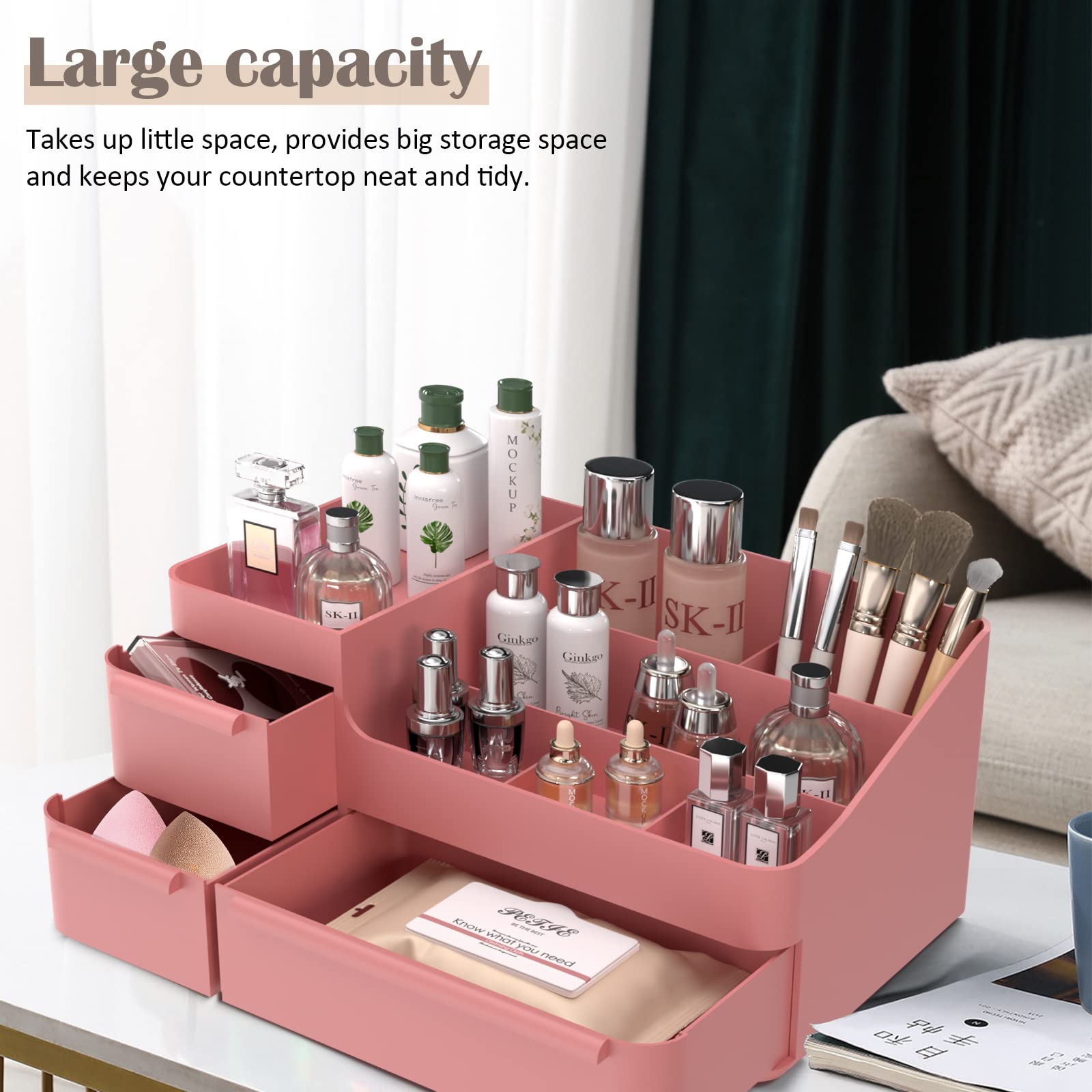 Makeup Organizer with Drawers, Countertop Organizer for Vanity, Bathroom and Bedroom Desk Cosmetics Display Case for Brushes, Lotions, Perfumes, Eyeshadow, Lipstick and Nail Polish