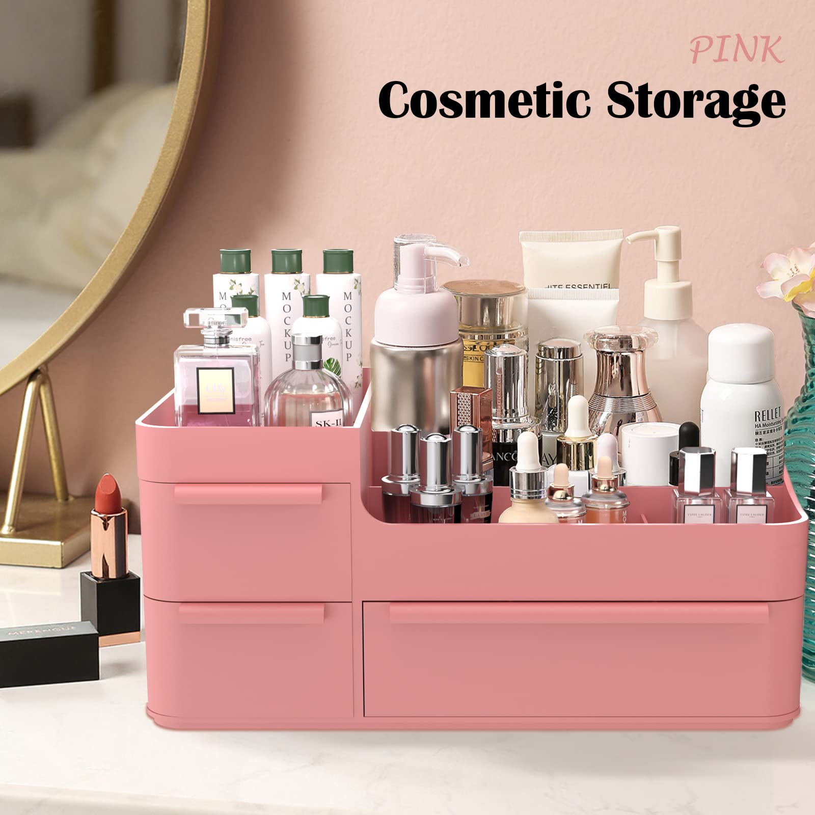 Makeup Organizer with Drawers, Countertop Organizer for Vanity, Bathroom and Bedroom Desk Cosmetics Display Case for Brushes, Lotions, Perfumes, Eyeshadow, Lipstick and Nail Polish