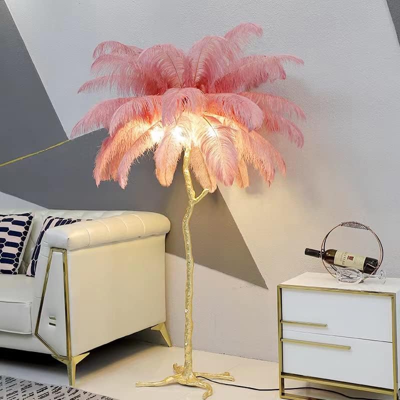 CEPHOK 66.8 inches Natural Ostrich Feather Floor Lamp, Warm and Romantic Apright Floor Lamp, Living Room, Study, Bedroom, Office, Home Decoration Floor Lamp (Pink)