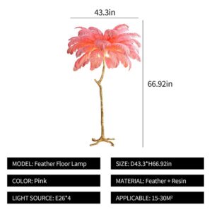 CEPHOK 66.8 inches Natural Ostrich Feather Floor Lamp, Warm and Romantic Apright Floor Lamp, Living Room, Study, Bedroom, Office, Home Decoration Floor Lamp (Pink)