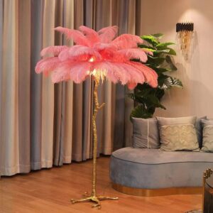 CEPHOK 66.8 inches Natural Ostrich Feather Floor Lamp, Warm and Romantic Apright Floor Lamp, Living Room, Study, Bedroom, Office, Home Decoration Floor Lamp (Pink)