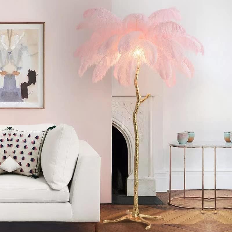 CEPHOK 66.8 inches Natural Ostrich Feather Floor Lamp, Warm and Romantic Apright Floor Lamp, Living Room, Study, Bedroom, Office, Home Decoration Floor Lamp (Pink)