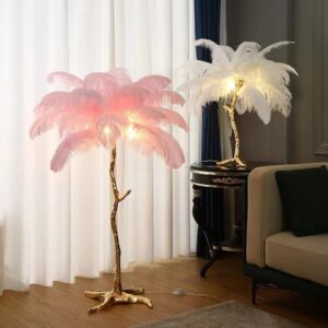 CEPHOK 66.8 inches Natural Ostrich Feather Floor Lamp, Warm and Romantic Apright Floor Lamp, Living Room, Study, Bedroom, Office, Home Decoration Floor Lamp (Pink)