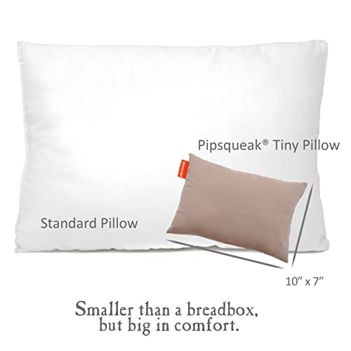 Pipsqueak Small | Tiny | Mini Pillow with Name Tag - 11in x 7in x 2.5in - Machine Washable - White Pillow with Khaki Case