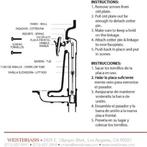 Westbrass A92-26 3-1/8" Trip Lever Bathtub and Shower Drain Kit with 2-Hole Overflow Faceplate, 1-Pack, Polished Chrome