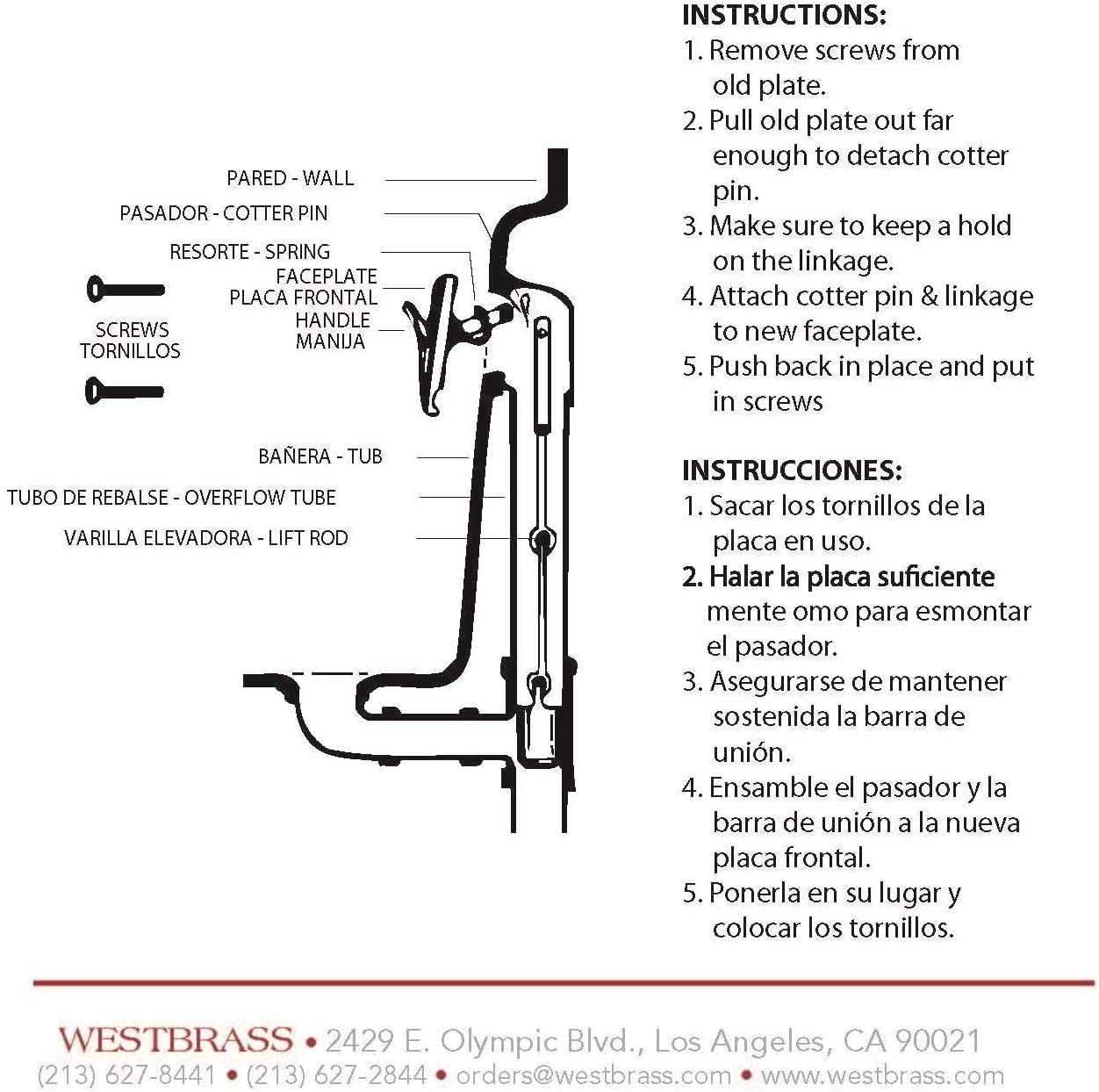 Westbrass A92-26 3-1/8" Trip Lever Bathtub and Shower Drain Kit with 2-Hole Overflow Faceplate, 1-Pack, Polished Chrome