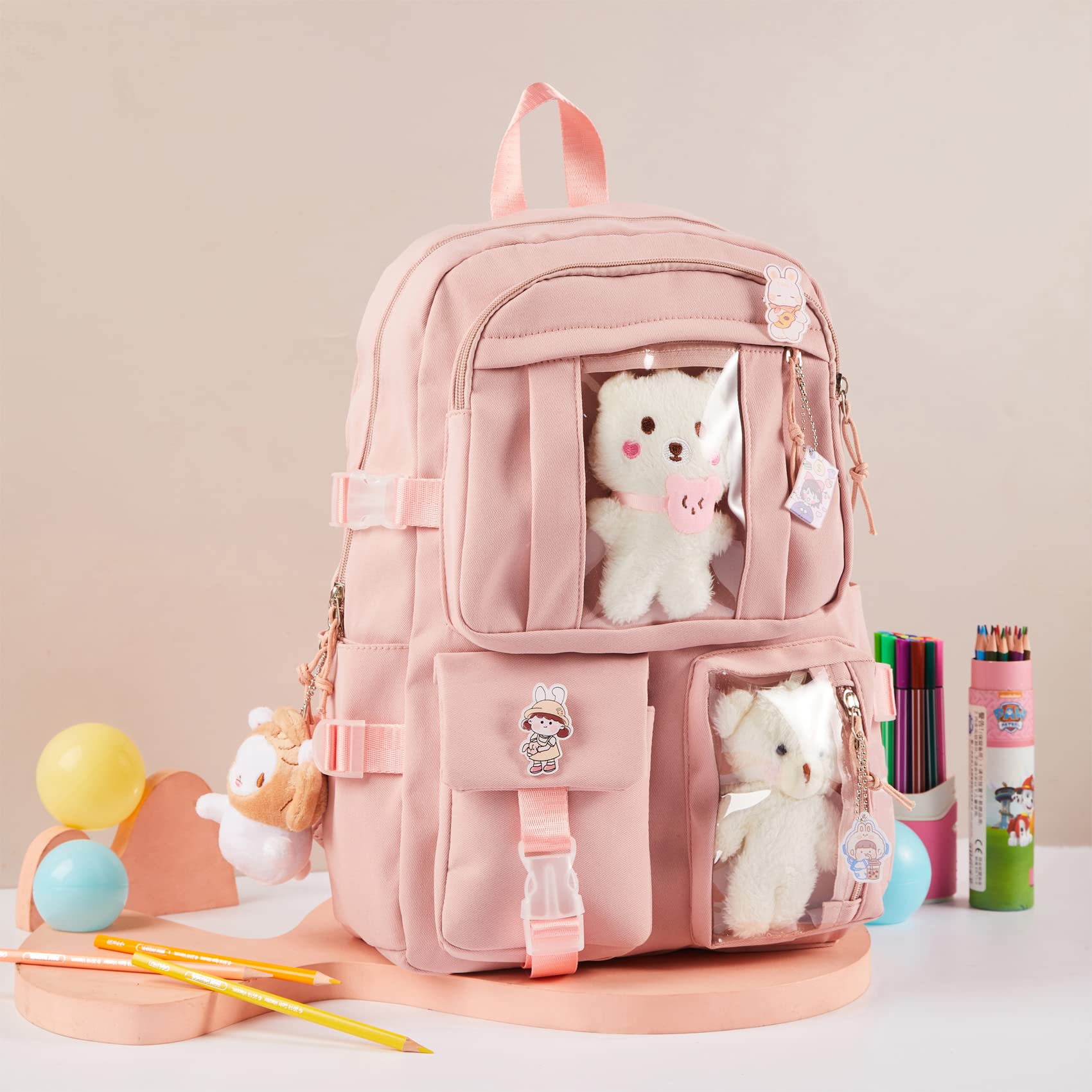 BUNXIZHUN Kawaii Backpack, 20L, Pink, Adjustable, for School Girls & Women with Kawaii Pin & Accessories