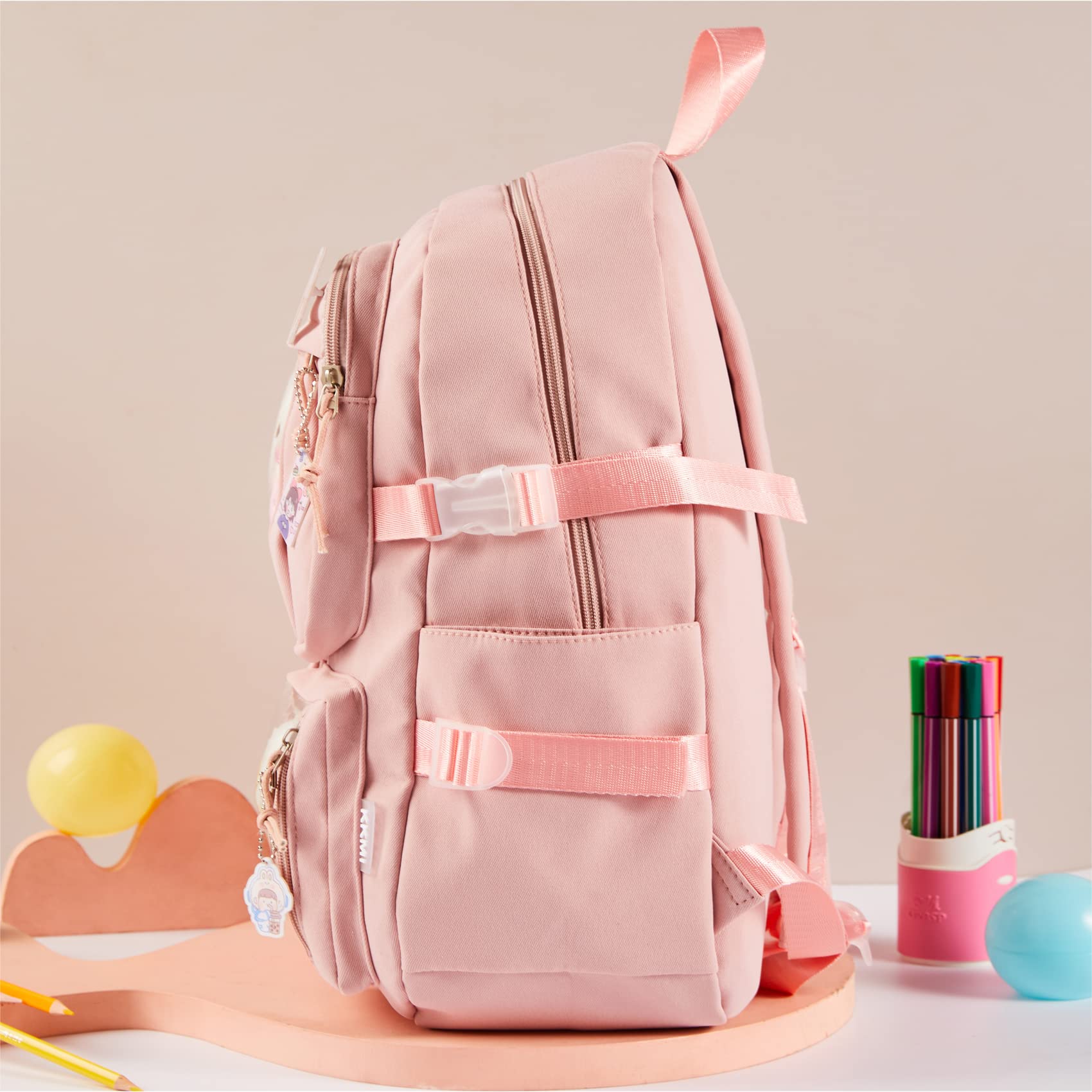 BUNXIZHUN Kawaii Backpack, 20L, Pink, Adjustable, for School Girls & Women with Kawaii Pin & Accessories