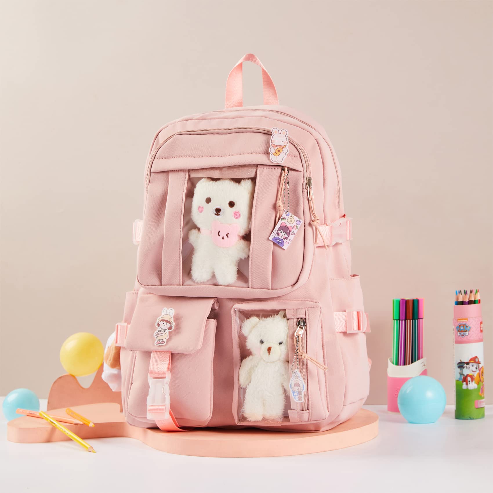 BUNXIZHUN Kawaii Backpack, 20L, Pink, Adjustable, for School Girls & Women with Kawaii Pin & Accessories