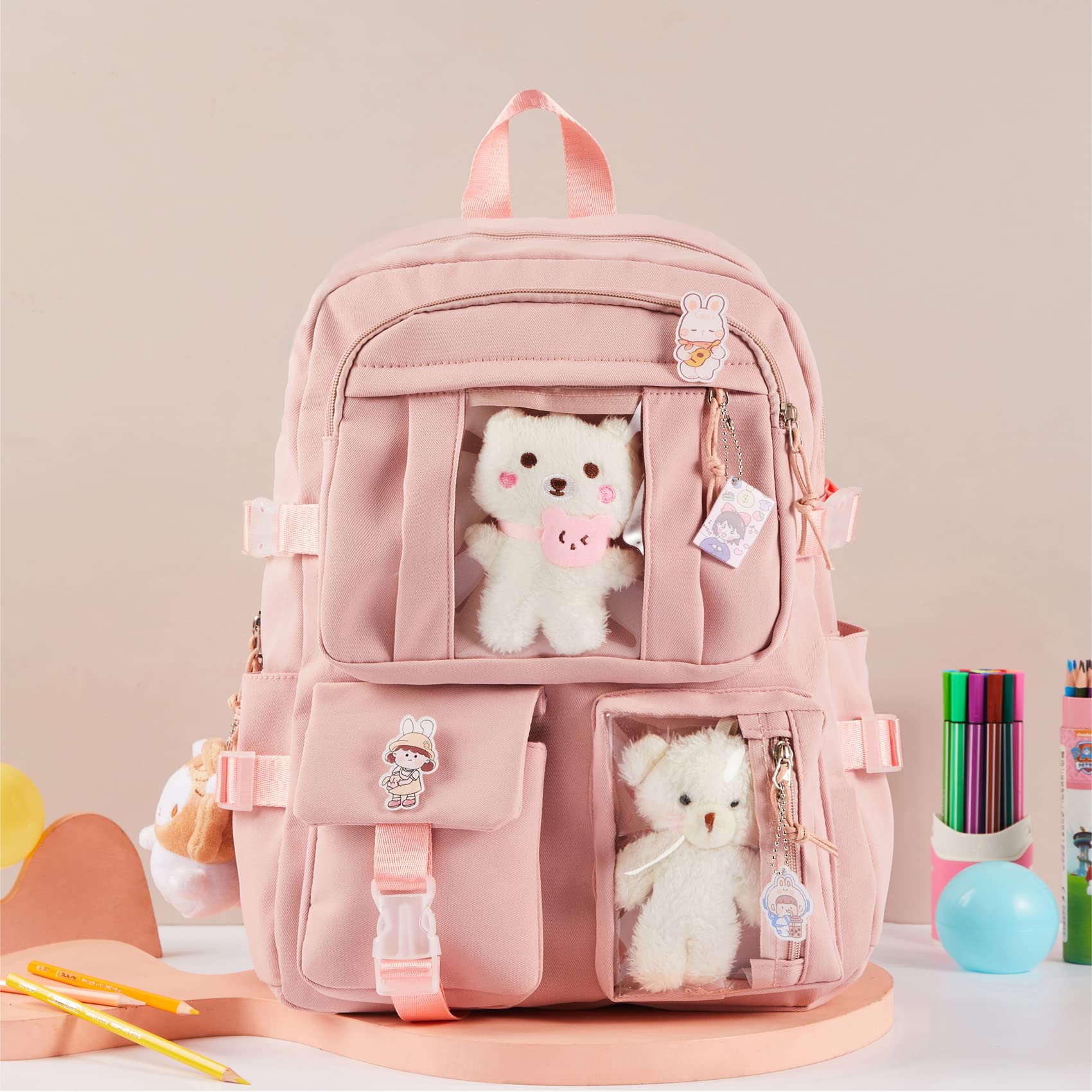 BUNXIZHUN Kawaii Backpack, 20L, Pink, Adjustable, for School Girls & Women with Kawaii Pin & Accessories