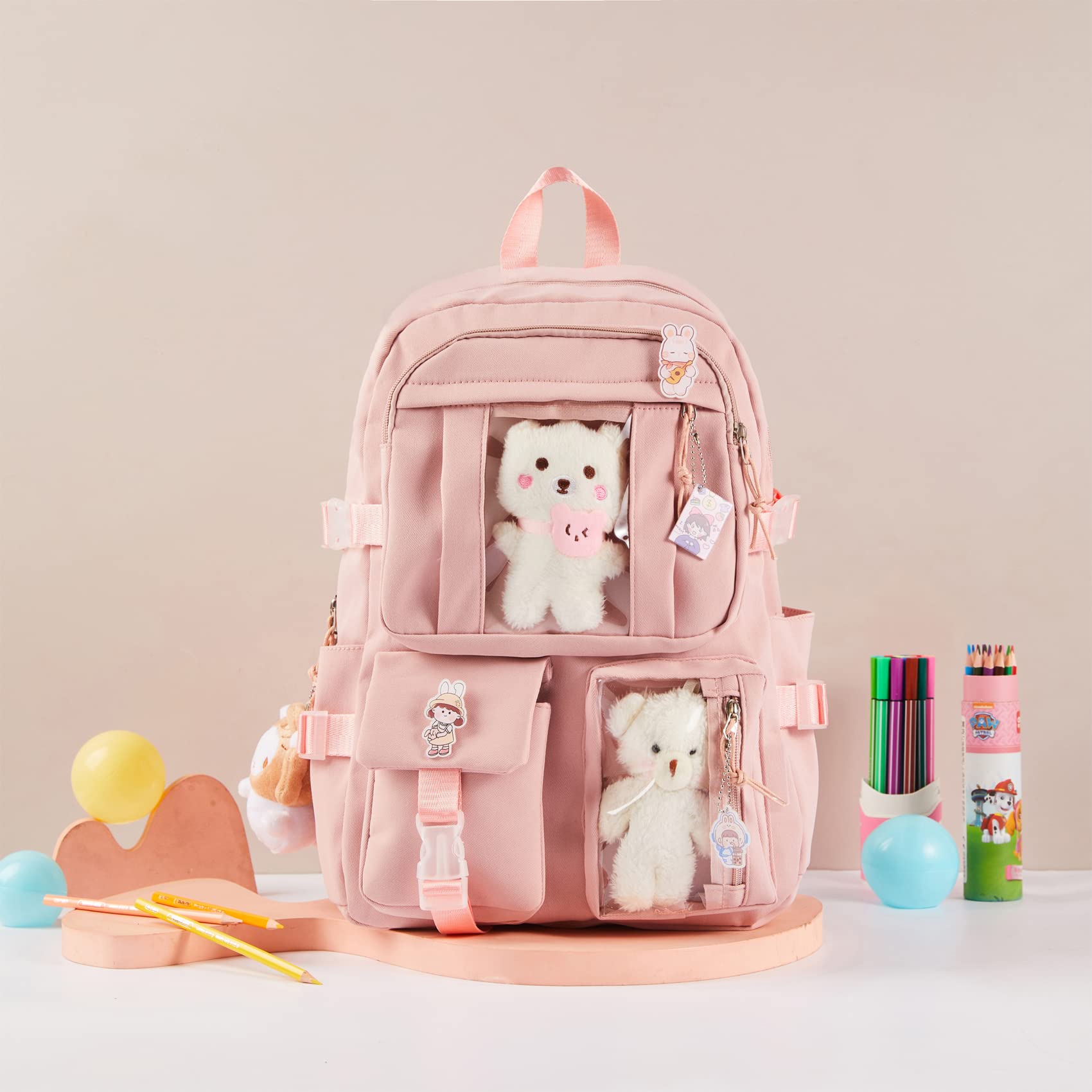 BUNXIZHUN Kawaii Backpack, 20L, Pink, Adjustable, for School Girls & Women with Kawaii Pin & Accessories