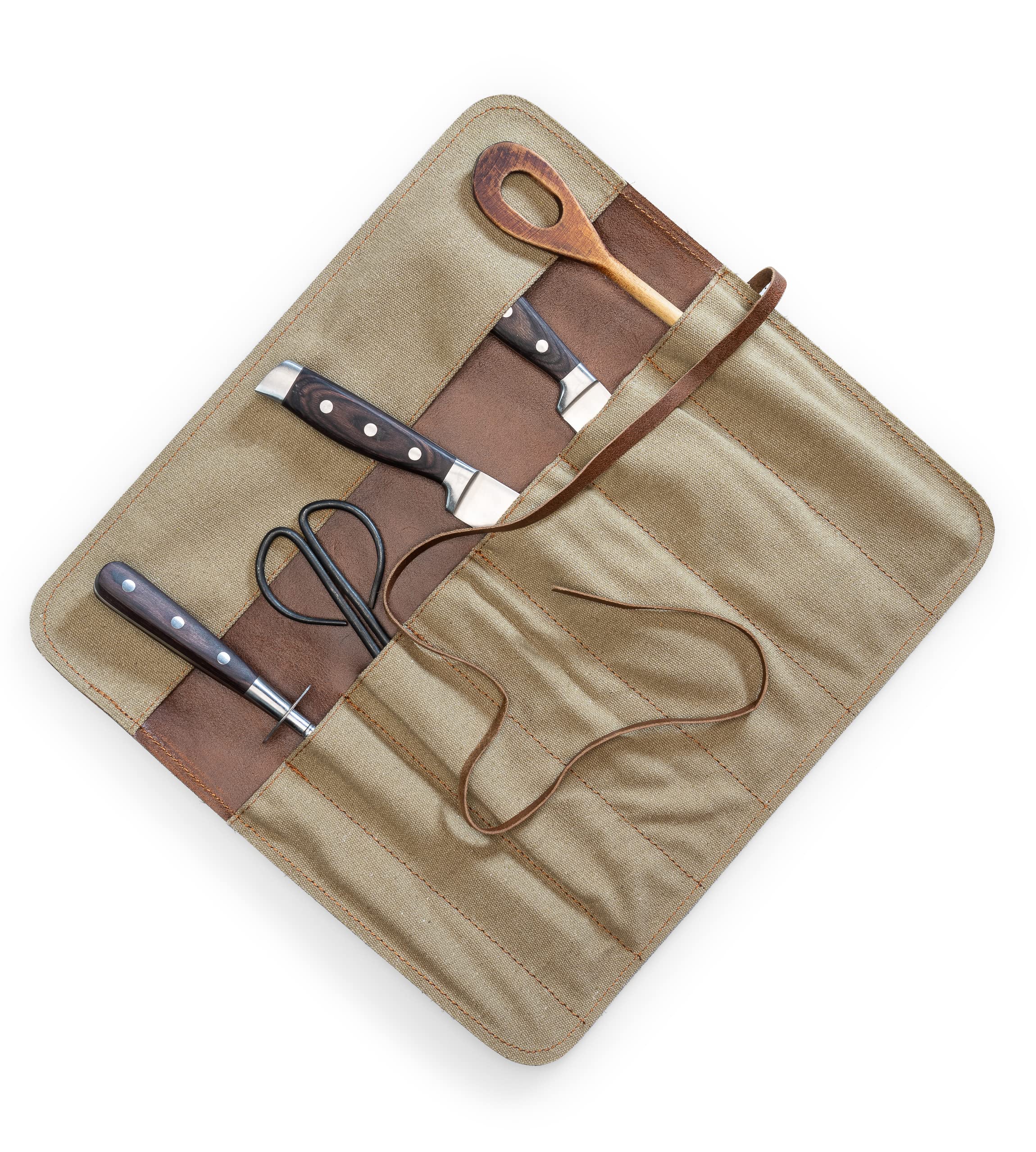 Angus Stoke Knife Bag made of durable Canvas & genuine buffalo Leather - Chef's Knife Roll Case for Cooking, Camping & BBQ - Knives storage Neil (Beige)