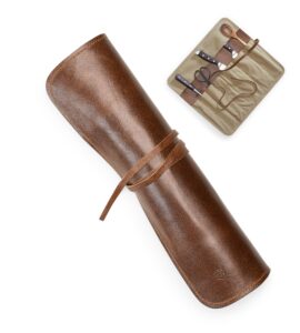 angus stoke knife bag made of genuine buffalo leather & canvas - chef's knife roll case for cooking, camping & bbq - knives storage bag nate (brown)