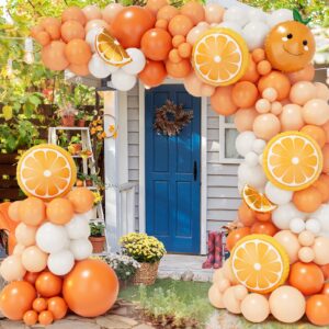 little cutie baby shower decorations, 173pcs orange balloon garland arch kit, macaron pastel orange balloons, white balloons for baby shower tangerine theme fruit birthday party decorations