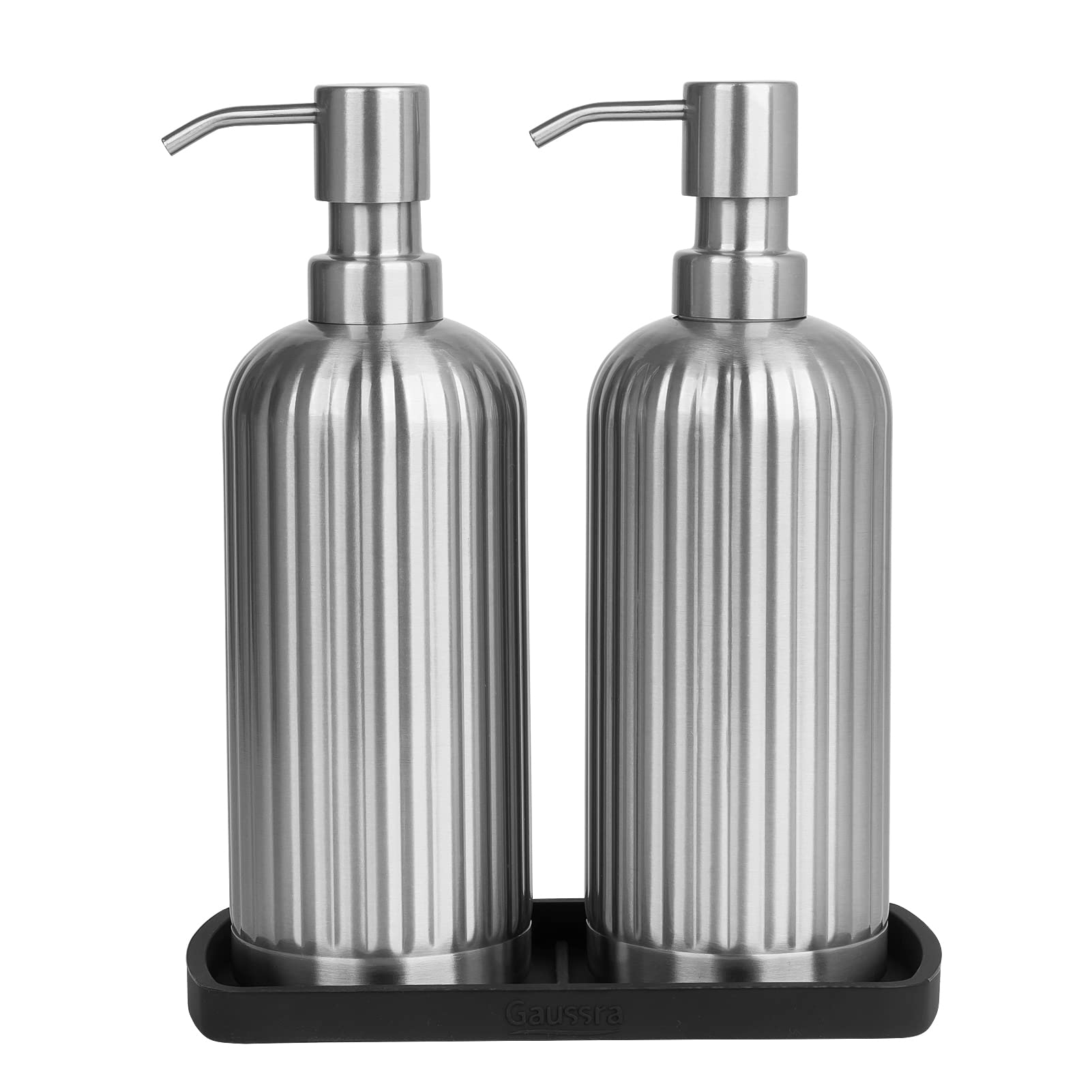 Gaussra Vertical Stripe Stainless Steel Soap Dispenser Set with Silicone Tray - 18 Oz Brushed Nickel Soap Dispenser Bathroom, Hand Dish Soap Dispenser for Kitchen Sink, Premium Farmhouse Kitchen Decor