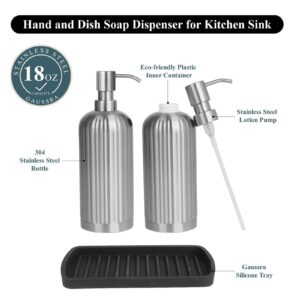 Gaussra Vertical Stripe Stainless Steel Soap Dispenser Set with Silicone Tray - 18 Oz Brushed Nickel Soap Dispenser Bathroom, Hand Dish Soap Dispenser for Kitchen Sink, Premium Farmhouse Kitchen Decor