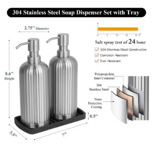 Gaussra Vertical Stripe Stainless Steel Soap Dispenser Set with Silicone Tray - 18 Oz Brushed Nickel Soap Dispenser Bathroom, Hand Dish Soap Dispenser for Kitchen Sink, Premium Farmhouse Kitchen Decor