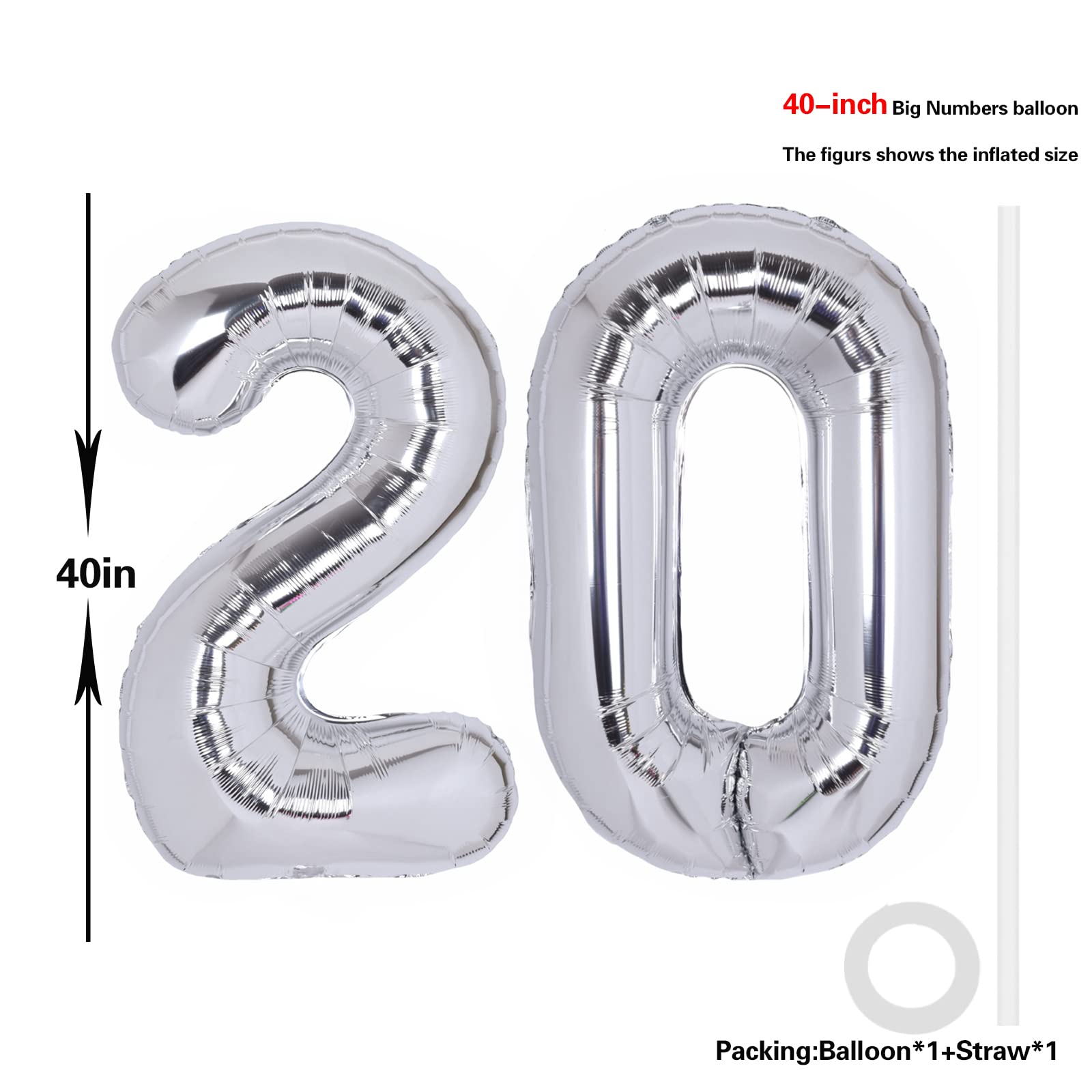 40 Inch Number 20 Balloon Silver Jumbo Giant Big Large Number 20 Foil Mylar Silver Balloons 20th Birthday Party Anniversary Decorations Supplies for Boys Girl Balloon Event Ocean Mermaid Theme Party