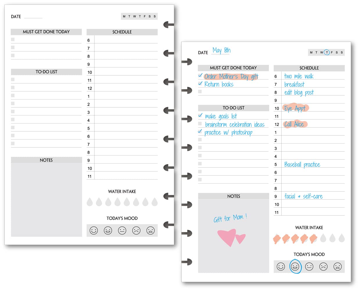 To Do List Paper Undated for Junior Size Discbound Planners, Features Daily Schedule, Day Priorities, Notes and Water Tracker, 8-Disc Punches, 5.5"x8.5"