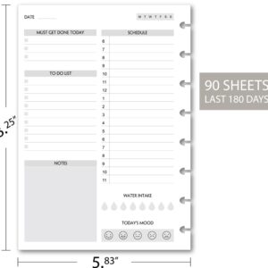 To Do List Paper Undated for Junior Size Discbound Planners, Features Daily Schedule, Day Priorities, Notes and Water Tracker, 8-Disc Punches, 5.5"x8.5"