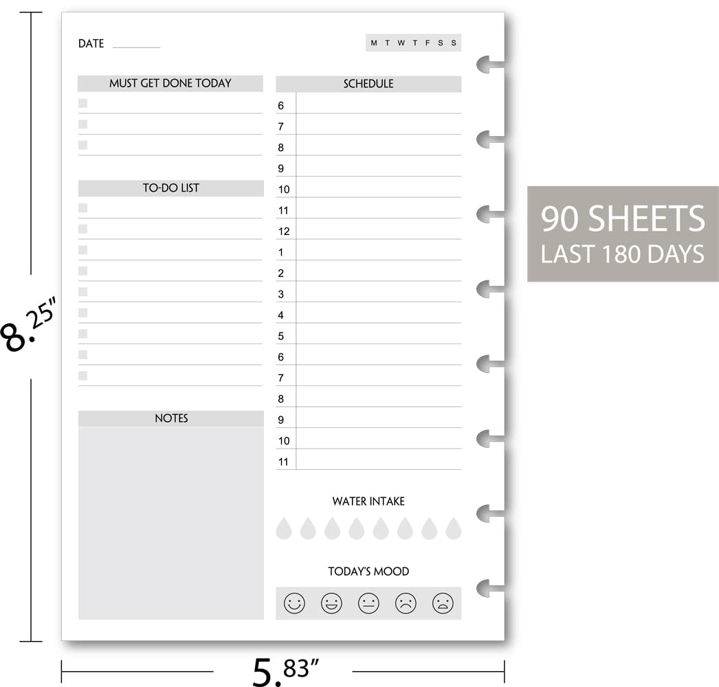 To Do List Paper Undated for Junior Size Discbound Planners, Features Daily Schedule, Day Priorities, Notes and Water Tracker, 8-Disc Punches, 5.5"x8.5"