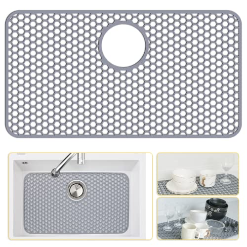 Silicone Sink Protectors for Kitchen Sink with Rear Drain - 26"x 14" Kitchen Sink Mats Accessory, Non-Slip Heat Resistant Sink Mat for Bottom of Farmhouse Stainless Steel Sink (Rear Hole)