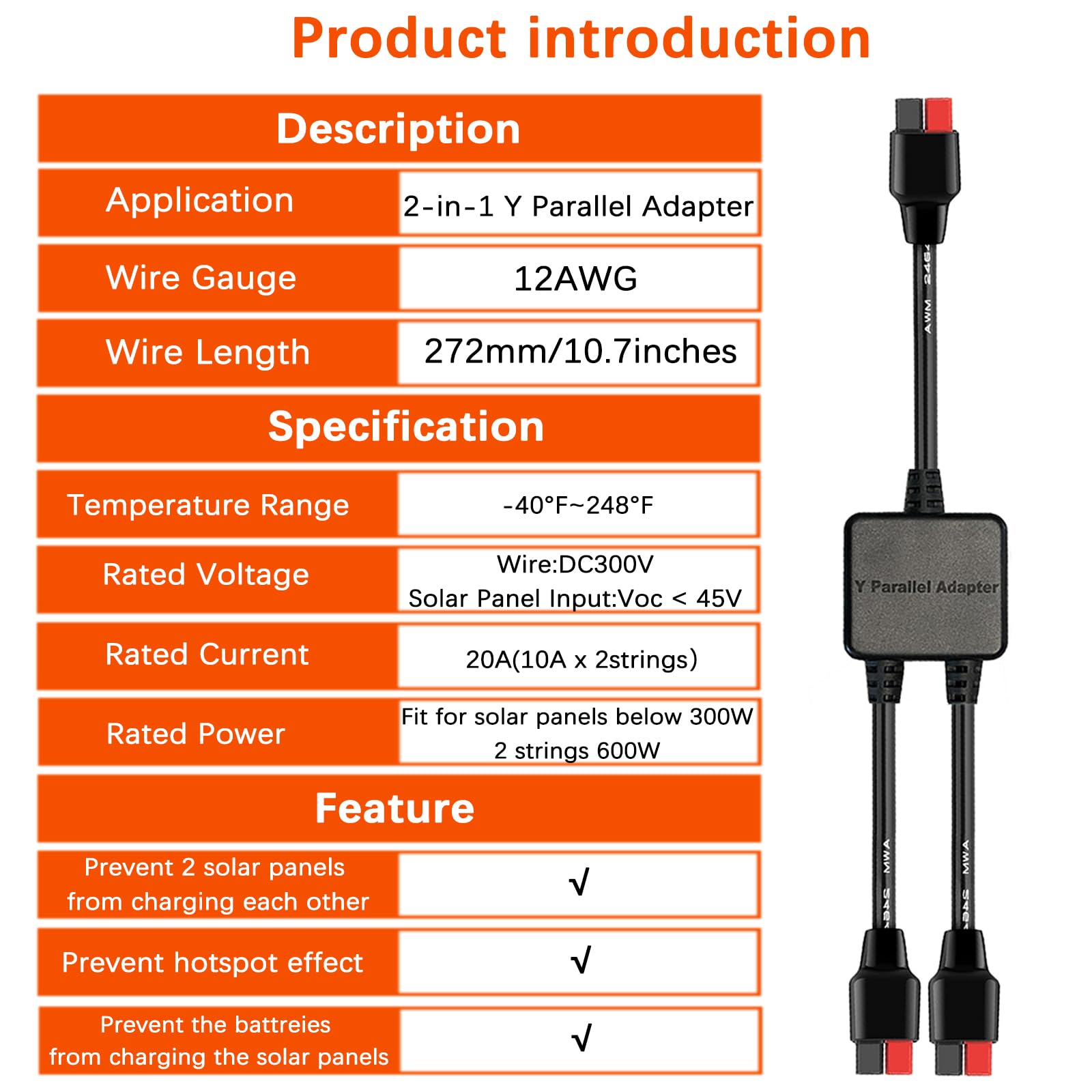 KarlKers Anderson Y Parallel Combiner Cable with Reverse Current Protection Anderson Powerpole Connector Charge Portable Power Station Compatible with Goal Zero Jackery High Power Pole Port Connector