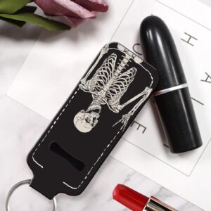 KLLRO RUO Chapstick Holder Keychain Fashion Lipstick Sleeve Lip Balm Portable Pocket Lip Gloss Tube Holder Clip-on Makeup Travel Accessories - Cool Skull Skeleton