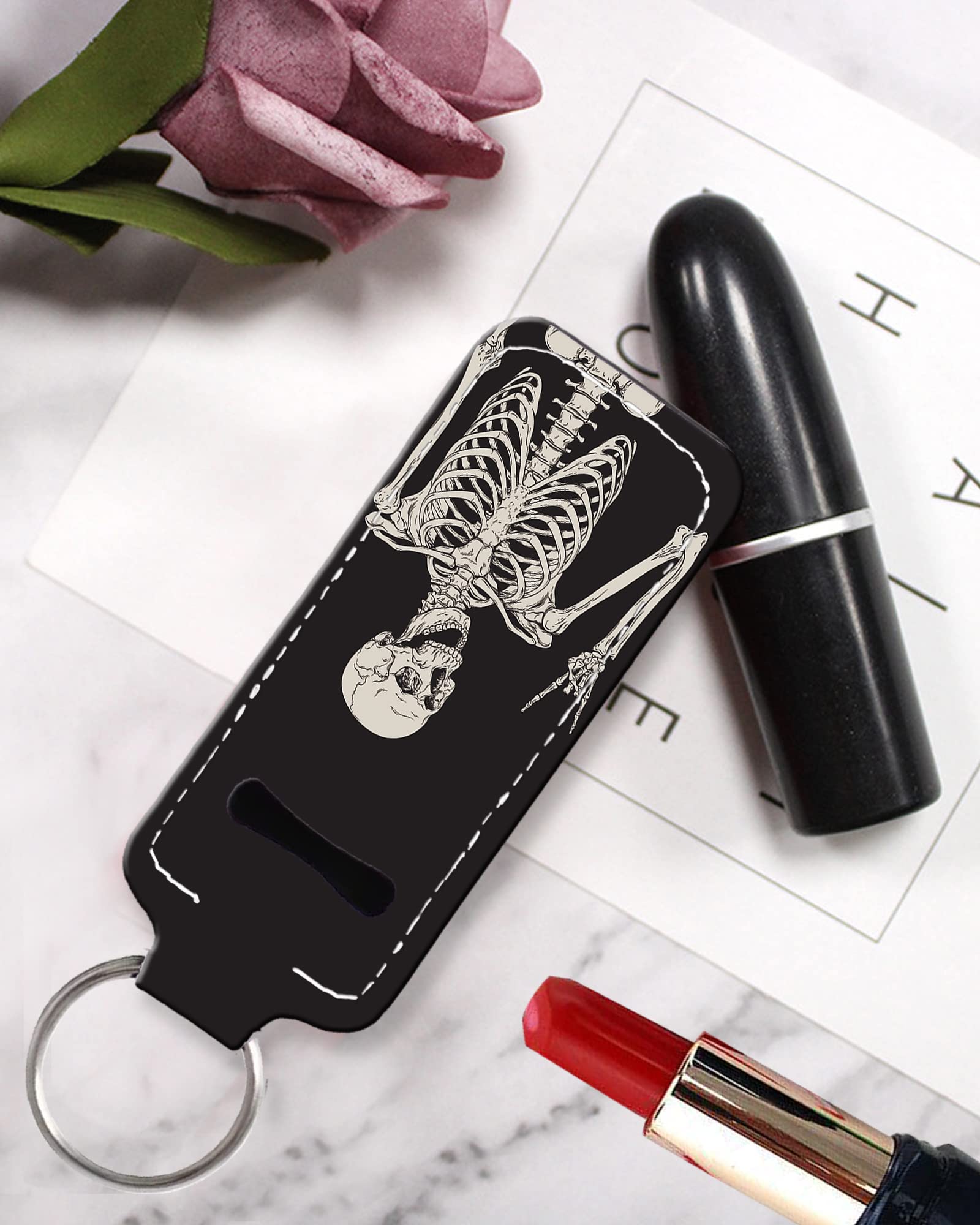 KLLRO RUO Chapstick Holder Keychain Fashion Lipstick Sleeve Lip Balm Portable Pocket Lip Gloss Tube Holder Clip-on Makeup Travel Accessories - Cool Skull Skeleton