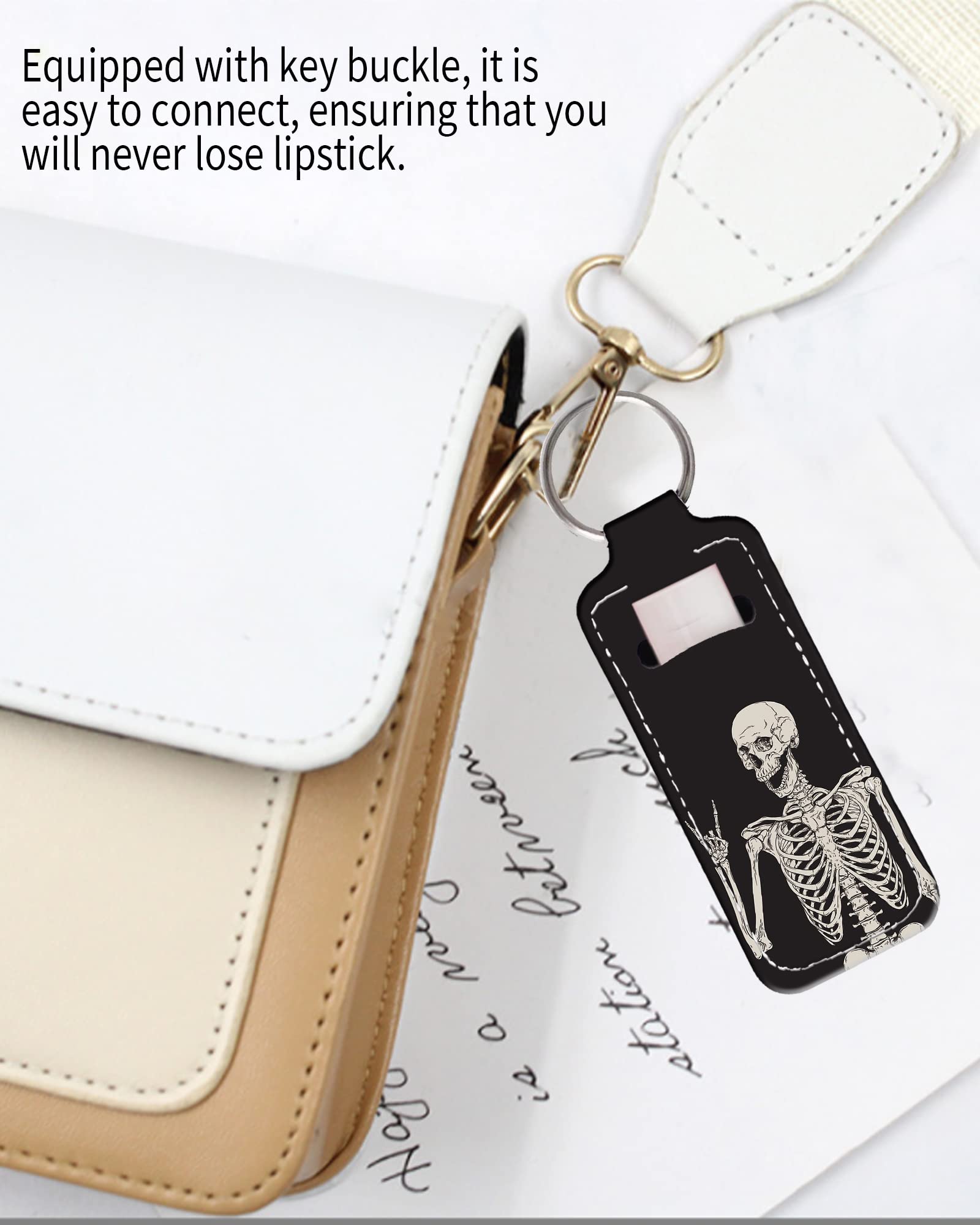 KLLRO RUO Chapstick Holder Keychain Fashion Lipstick Sleeve Lip Balm Portable Pocket Lip Gloss Tube Holder Clip-on Makeup Travel Accessories - Cool Skull Skeleton