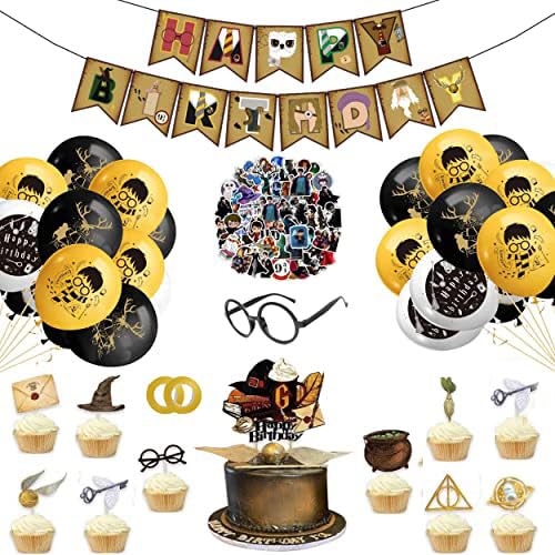 Magical Harry Birthday Decorations - 130 Pcs of Magical Wizard Birthday Party Supplies Includes Birthday Banner, Cake Topper, Lensless Glasses, Balloons, Cupcake Toppers, Stickers for Kids & Adults.