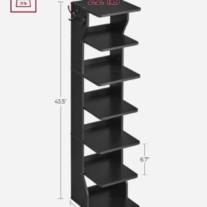 VASAGLE 7 Tier Vertical Shoe Rack, Narrow Shoe Storage Organizer with Hooks, Slim Wooden Corner Shoe Tower Rack, Robust and Durable, Space Saving for Entryway and Bedroom, Black ULBS200T16