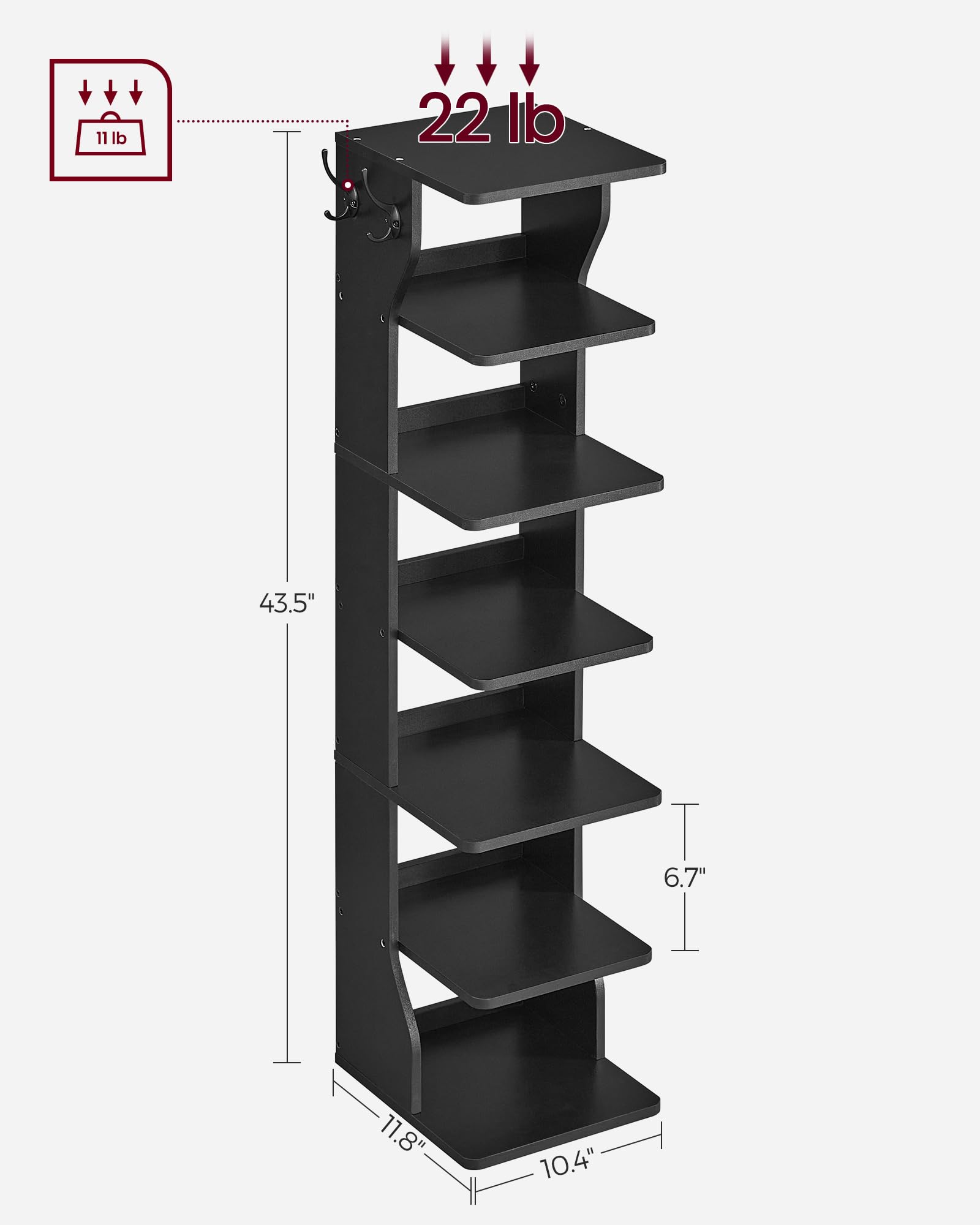 VASAGLE 7 Tier Vertical Shoe Rack, Narrow Shoe Storage Organizer with Hooks, Slim Wooden Corner Shoe Tower Rack, Robust and Durable, Space Saving for Entryway and Bedroom, Black ULBS200T16