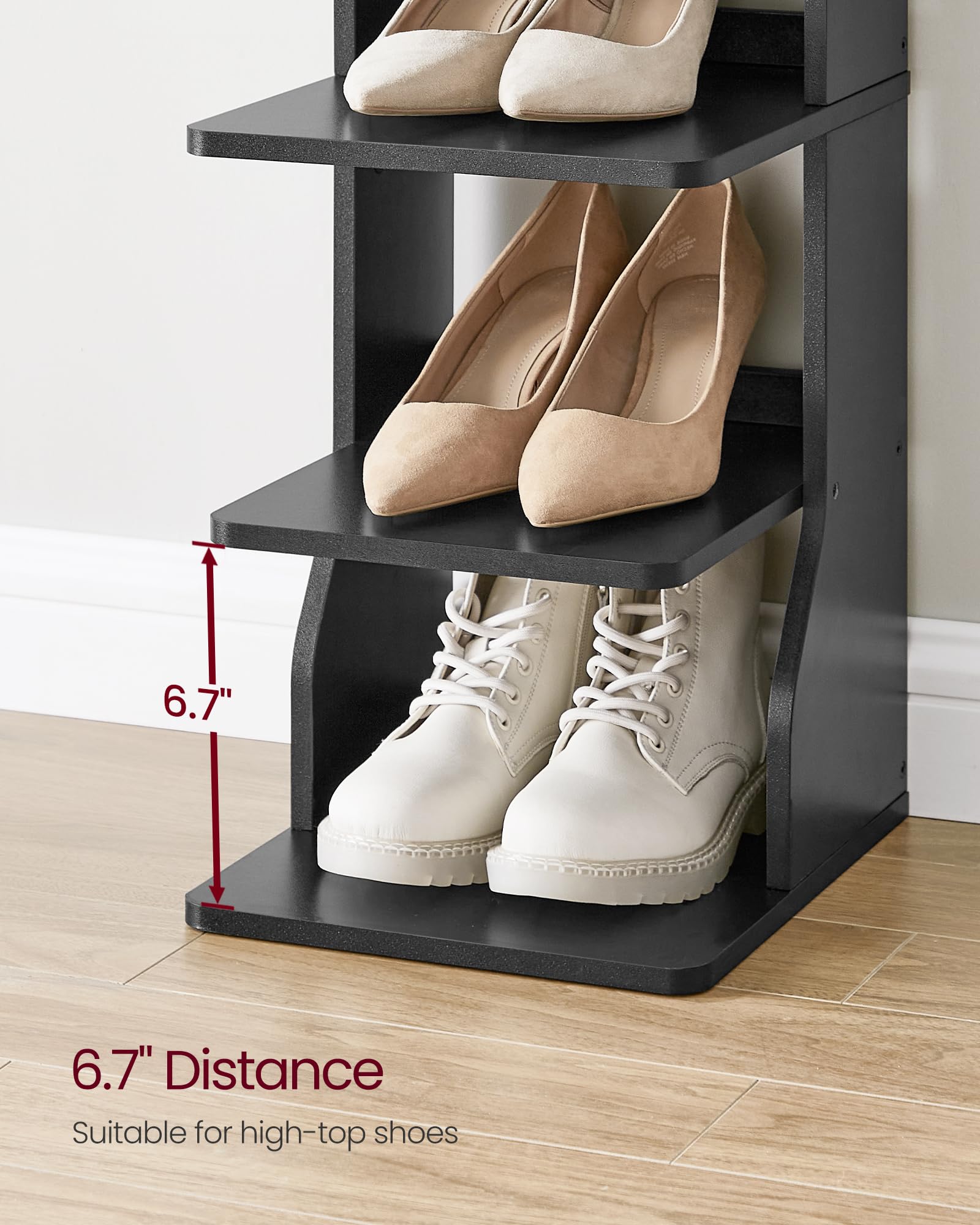 VASAGLE 7 Tier Vertical Shoe Rack, Narrow Shoe Storage Organizer with Hooks, Slim Wooden Corner Shoe Tower Rack, Robust and Durable, Space Saving for Entryway and Bedroom, Black ULBS200T16