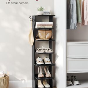 VASAGLE 7 Tier Vertical Shoe Rack, Narrow Shoe Storage Organizer with Hooks, Slim Wooden Corner Shoe Tower Rack, Robust and Durable, Space Saving for Entryway and Bedroom, Black ULBS200T16