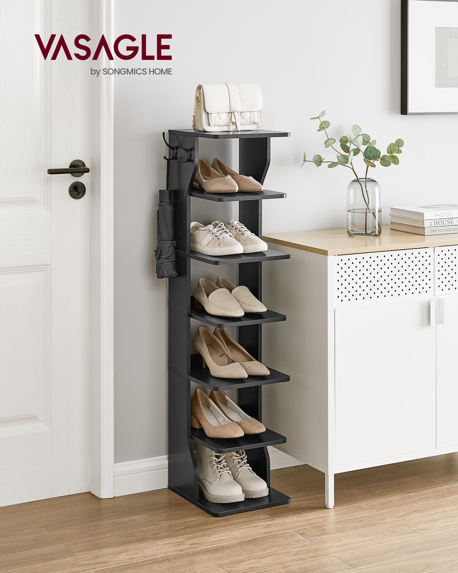 VASAGLE 7 Tier Vertical Shoe Rack, Narrow Shoe Storage Organizer with Hooks, Slim Wooden Corner Shoe Tower Rack, Robust and Durable, Space Saving for Entryway and Bedroom, Black ULBS200T16