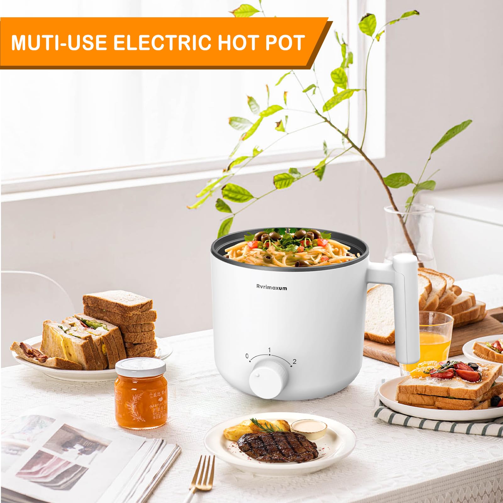 Rvrimaxum Hot Pot Electric, Rapid Noodle Cooker,1.2L Mini Hot Pot for Dorm/Office/Travel, Multifunctional Electric Pot Non-stick for Ramen, Pasta,Shabu Shabu with Over-Heating & Boil Dry Protection