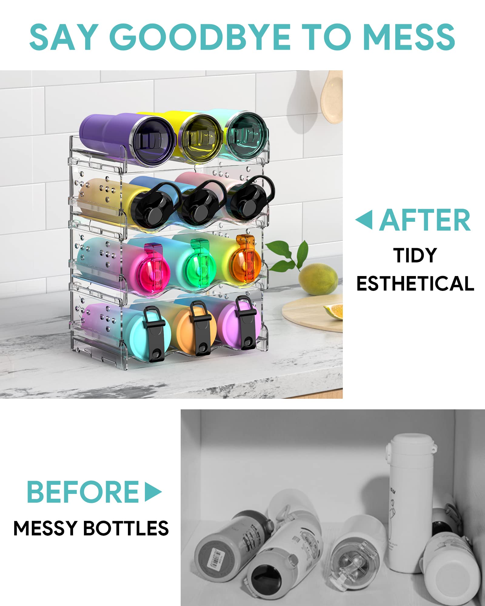 Areforic Water Bottle Organizer - 4 Pack Stackable Cup Organizer for Cabinet, Countertop, Pantry and Fridge, Free-Standing Tumbler Kitchen Storage Holder for Wine and Drink Bottles, Clear Plastic