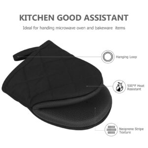 Qulable 1 Pair Short Oven Mitts - Silicone Kitchen Oven Gloves High Heat Resistant 500℉, Mini Oven Mits with Non-Slip Grip Surfaces and Hanging Loop for BBQ, Baking, Cooking and Grilling (Black)