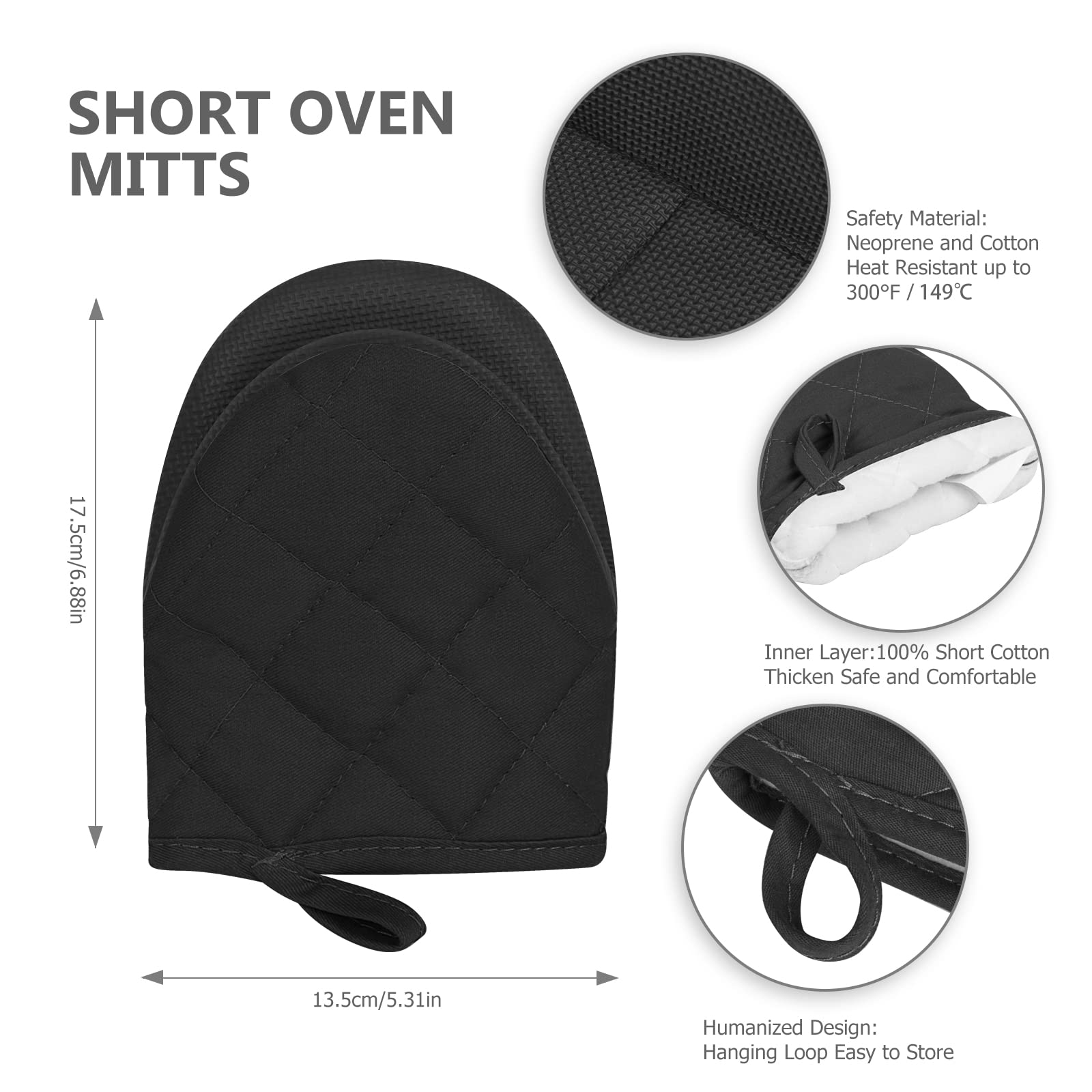 Qulable 1 Pair Short Oven Mitts - Silicone Kitchen Oven Gloves High Heat Resistant 500℉, Mini Oven Mits with Non-Slip Grip Surfaces and Hanging Loop for BBQ, Baking, Cooking and Grilling (Black)