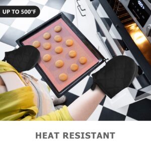 Qulable 1 Pair Short Oven Mitts - Silicone Kitchen Oven Gloves High Heat Resistant 500℉, Mini Oven Mits with Non-Slip Grip Surfaces and Hanging Loop for BBQ, Baking, Cooking and Grilling (Black)