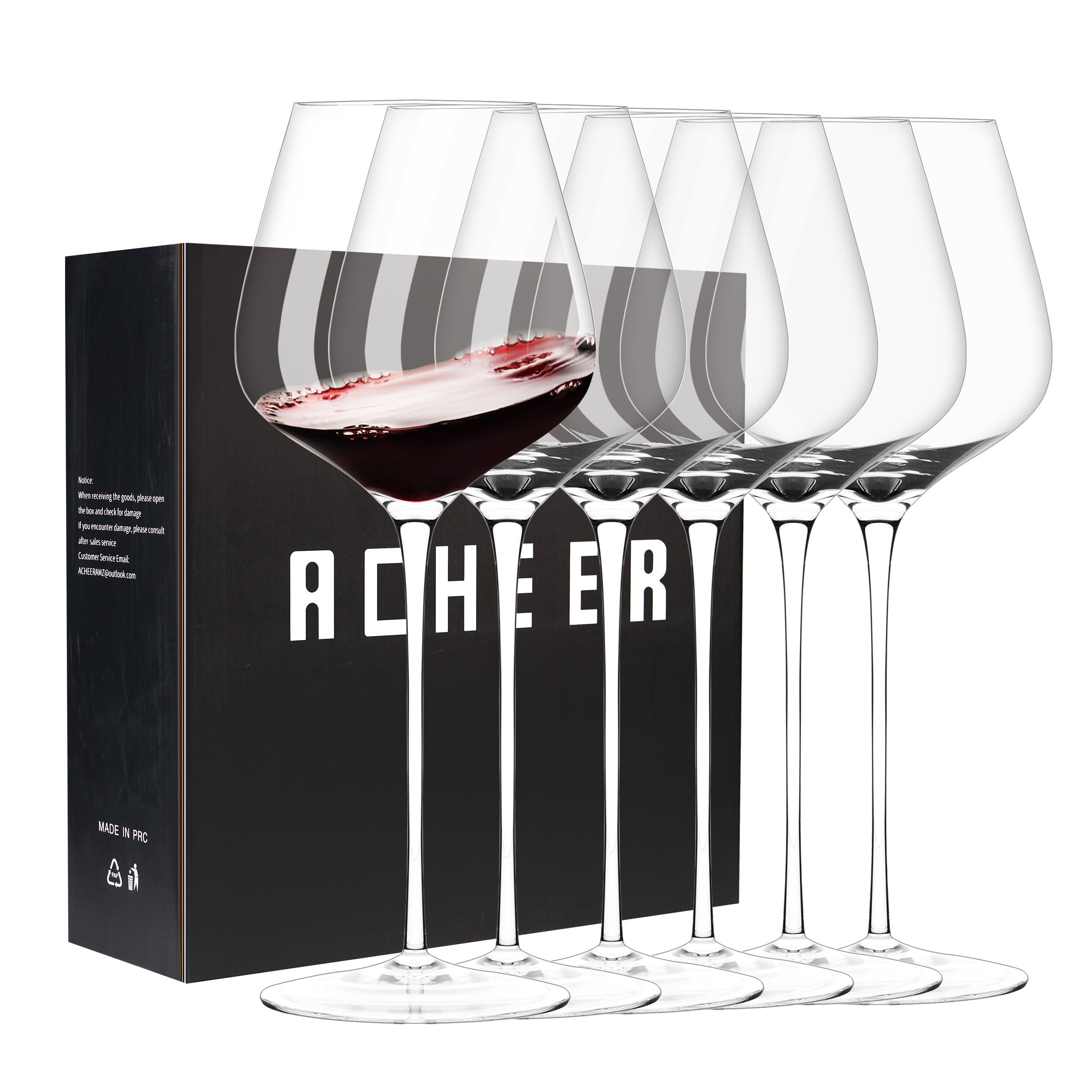 ACHEER 24 oz Crystal Red Wine Glasses Set of 6, Italian Style Hand Blown Burgundy Glasses, Long Stem, Large,Gift Box