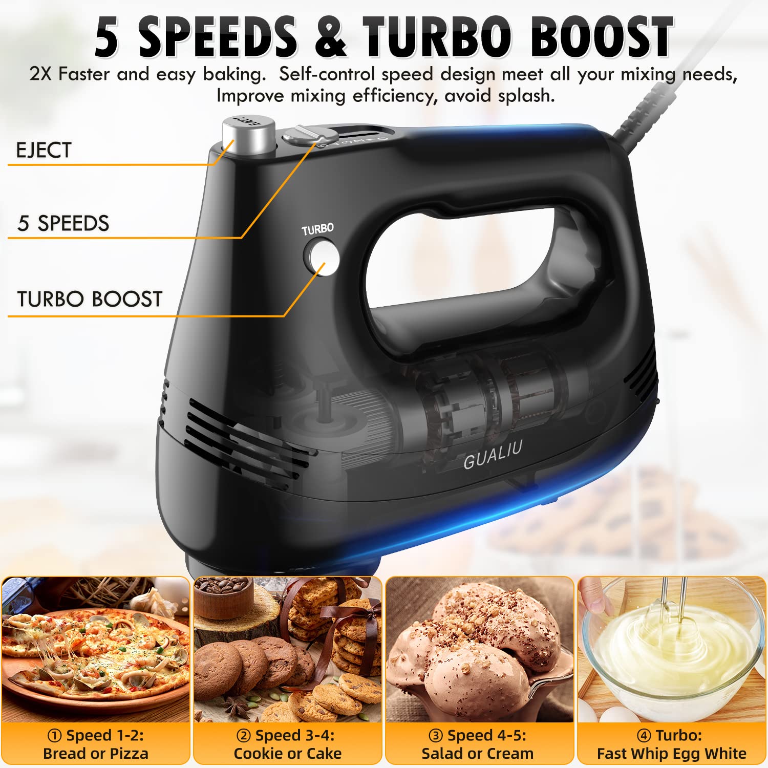 GUALIU Electric Hand Mixer with Stainless Steel Whisk, Dough Hook Attachment and Storage Bag, Handheld Mixer for Baking Cakes, Eggs, Cream Food Mixers. Turbo Boost /5 Speed Kitchen Blender