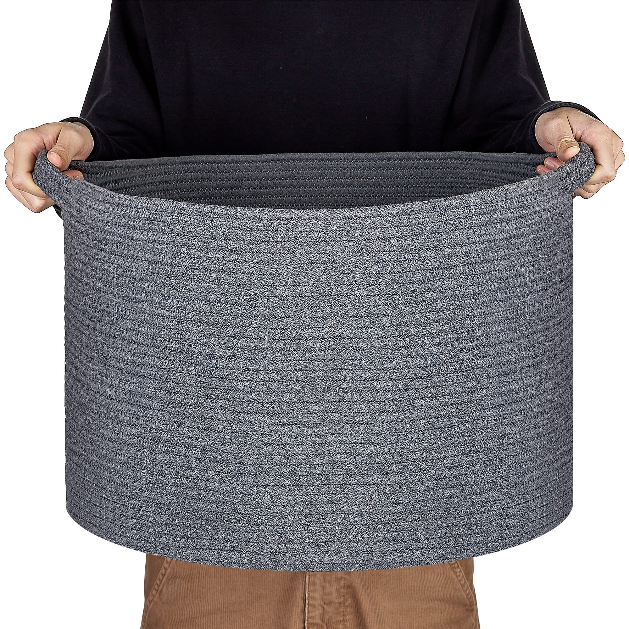 Blanket Basket - 20"x 20"x 13" Cotton Rope Basket for Living Room, Baby Toy Storage Basket, Large Woven Laundry Basket (Gray)