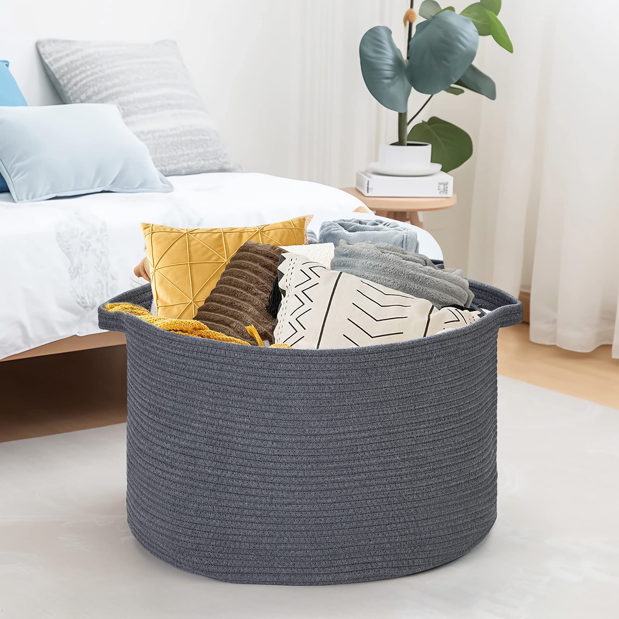 Blanket Basket - 20"x 20"x 13" Cotton Rope Basket for Living Room, Baby Toy Storage Basket, Large Woven Laundry Basket (Gray)