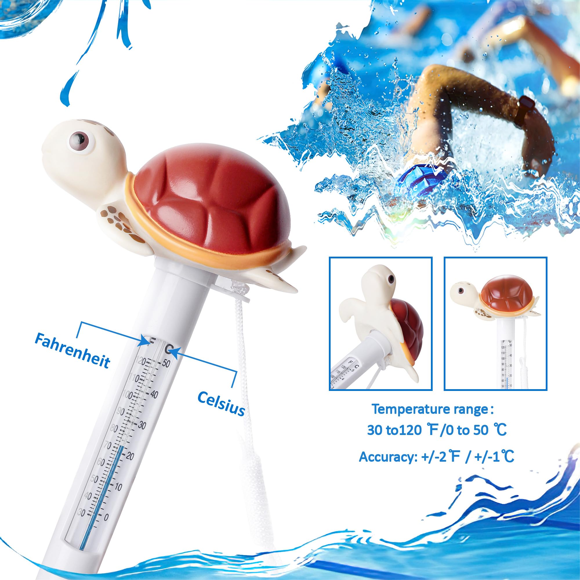 MKLZ Pool Thermometer Floating, Easy Read Pool Temperature Thermometer Large, Cute Water Temp Floater with String for Cold Plunge, Outdoor & Indoor Swimming Pools, Hot Tub, Ice Bath, Spas（Whale）