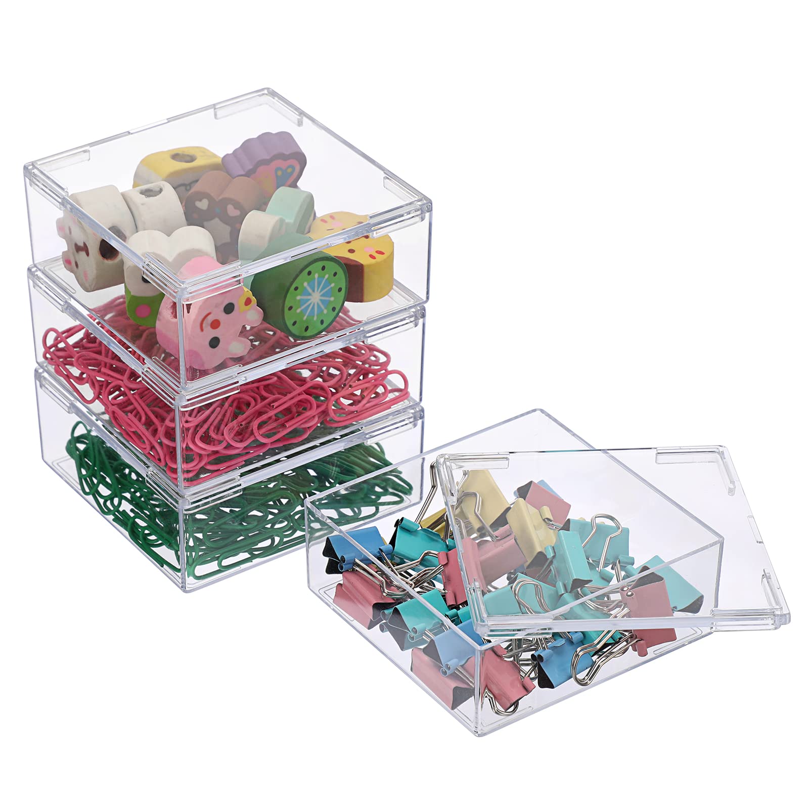 BTSKY Clear Plastic Small Storage Containers with Lid Mini Clear Boxes for Organizing Stackable Paper Clips Holder Multi-use Bead Organizers for Clips, Rhinestones, Hairpins and Candy, 4PCS Square