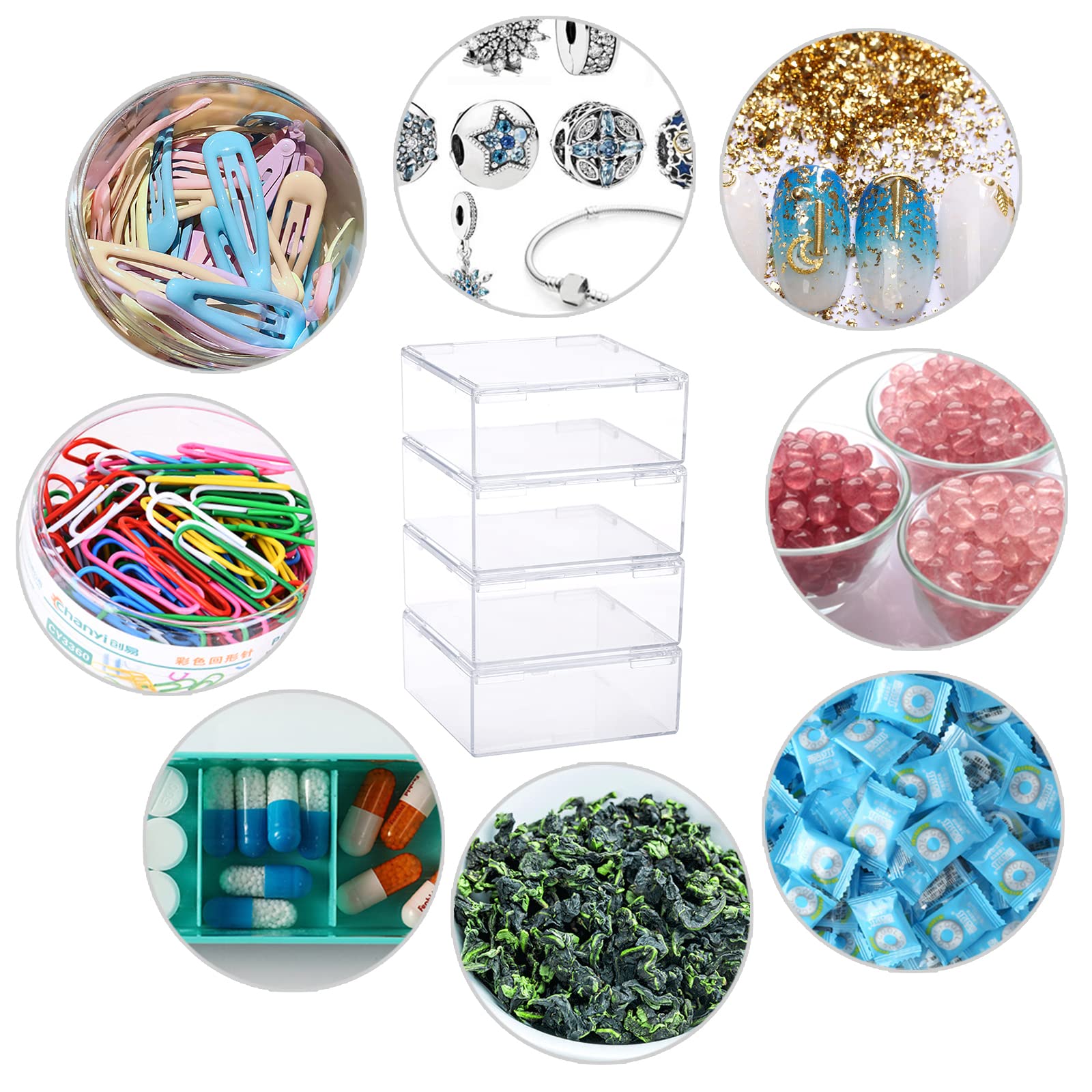 BTSKY Clear Plastic Small Storage Containers with Lid Mini Clear Boxes for Organizing Stackable Paper Clips Holder Multi-use Bead Organizers for Clips, Rhinestones, Hairpins and Candy, 4PCS Square